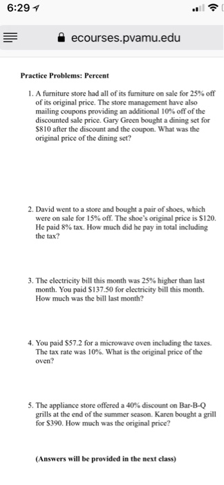 Solved 6:29イ ecourses.pvamu.edu Practice Problems: Percent 1 | Chegg.com