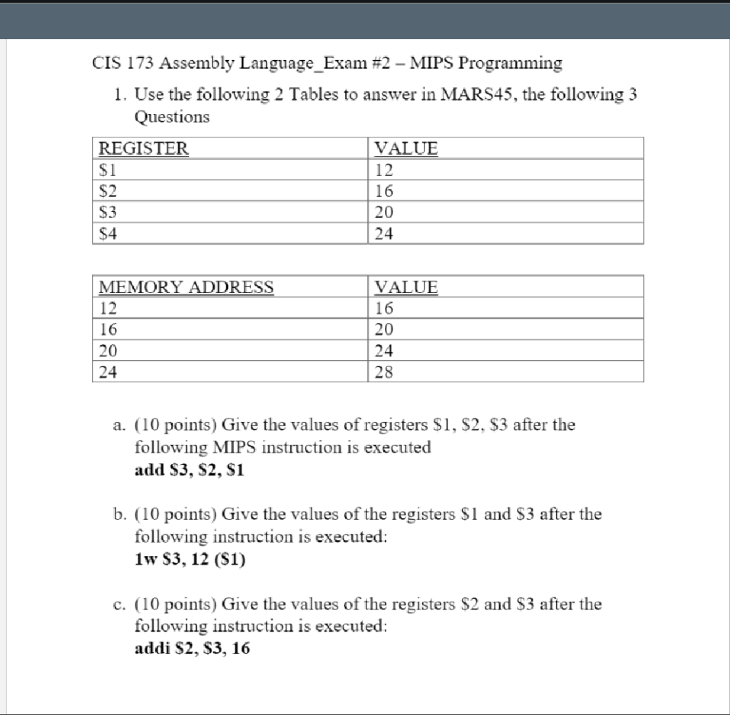 Solved CIS 173 Assembly Language_Exam #2 – MIPS Programming | Chegg.com