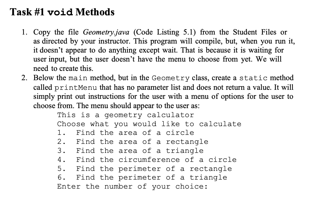 Solved 1. Copy the file Geometry.java (Code Listing 5.1) | Chegg.com