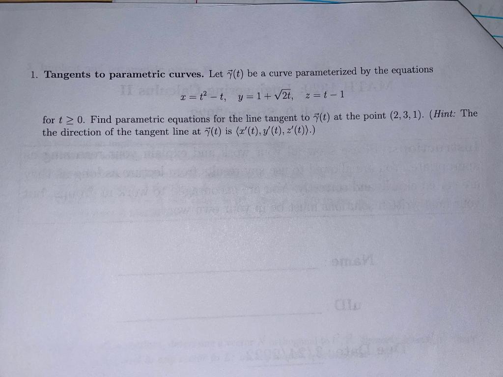 Solved 1. Tangents to parametric curves. Let 7(t) be a curve | Chegg.com