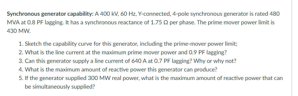 Solved Synchronous generator capability: A 400 kV, 60 Hz, | Chegg.com
