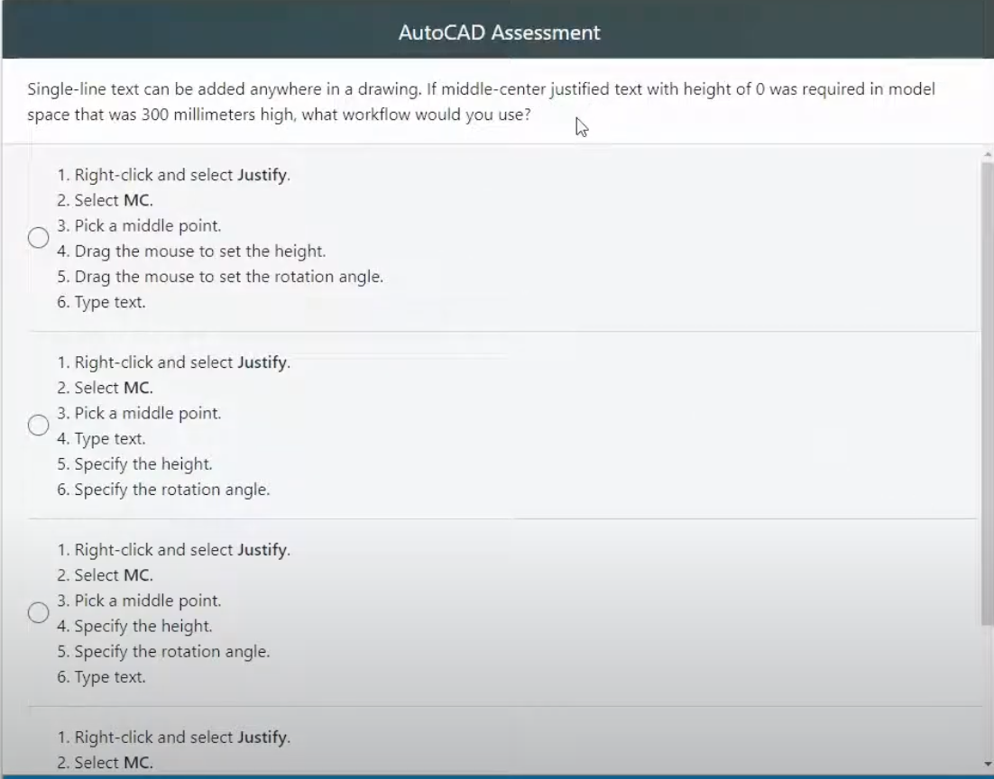 Solved AutoCAD Assessment Single-line text can be added | Chegg.com