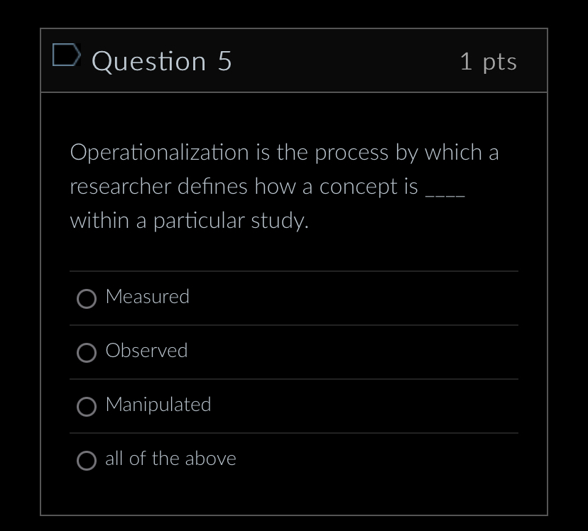 Solved Question 5 1 pts Operationalization is the process by | Chegg.com