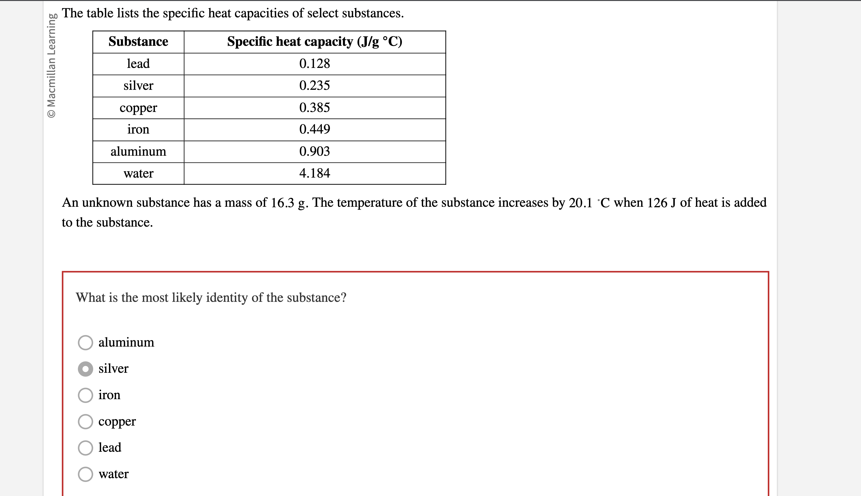 Solved The table lists the specific heat capacities of | Chegg.com