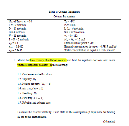 Solved A binary distillation column as in Figure 1 is | Chegg.com