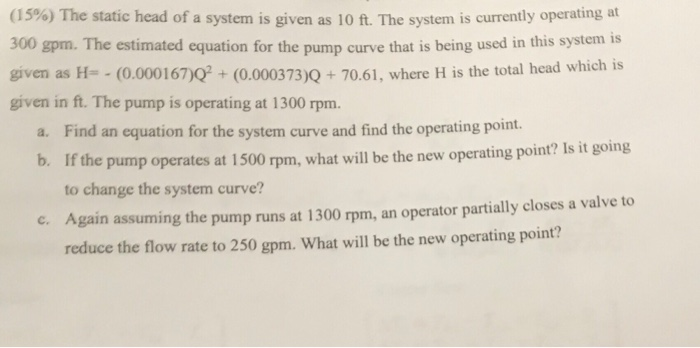 (15%) The static head of a system is given as 10 ft. | Chegg.com