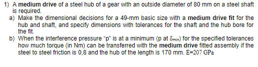 Solved 1) A medium drive of a steel hub of a gear with an | Chegg.com