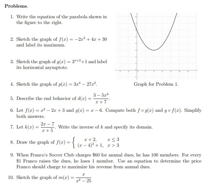 Solved Problems. 1. Write the equation of the parabola shown | Chegg.com