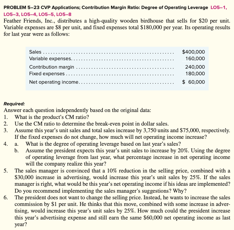 Solved PROBLEM 5-23 CVP Applications; Contribution Margin | Chegg.com