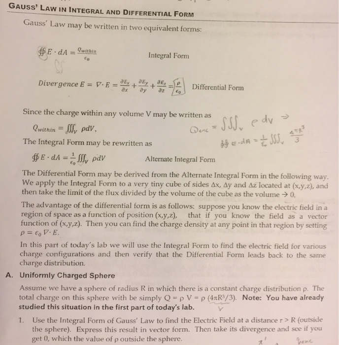 Solved GAUSS' LAW IN INTEGRAL AND DIFFERENTIAL FORMm Gauss' | Chegg.com