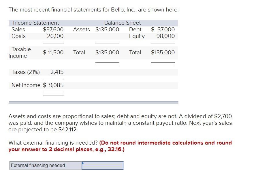Solved The most recent financial statements for Bello, Inc., | Chegg.com