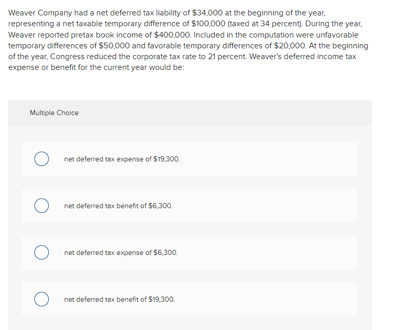 Solved Weaver Company had a net deferred tax liability of | Chegg.com