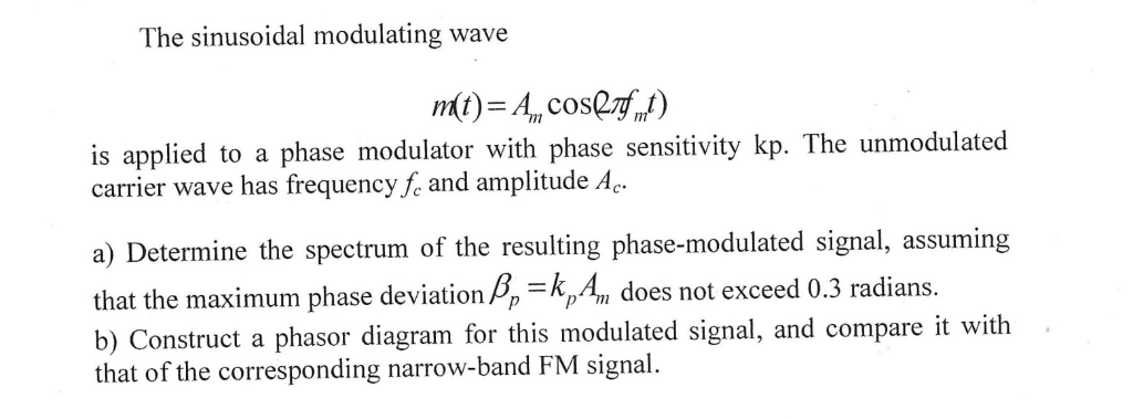 Solved The sinusoidal modulating wave is applied to a phase | Chegg.com