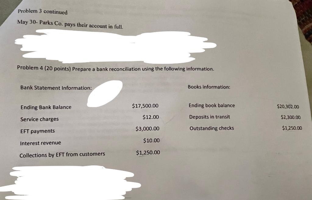 Solved Problem 4 (20 points) Prepare a bank reconciliation | Chegg.com