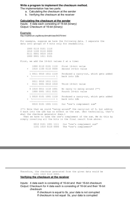 Write a program to implement the checksum method. The | Chegg.com