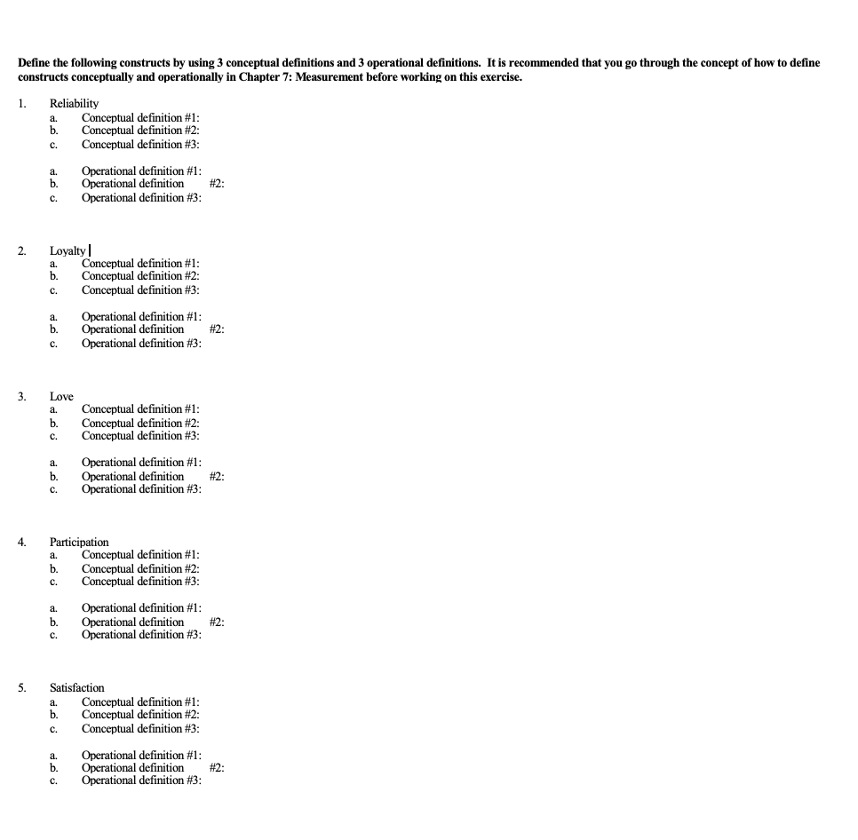 Define the following constructs by using 3 conceptual | Chegg.com