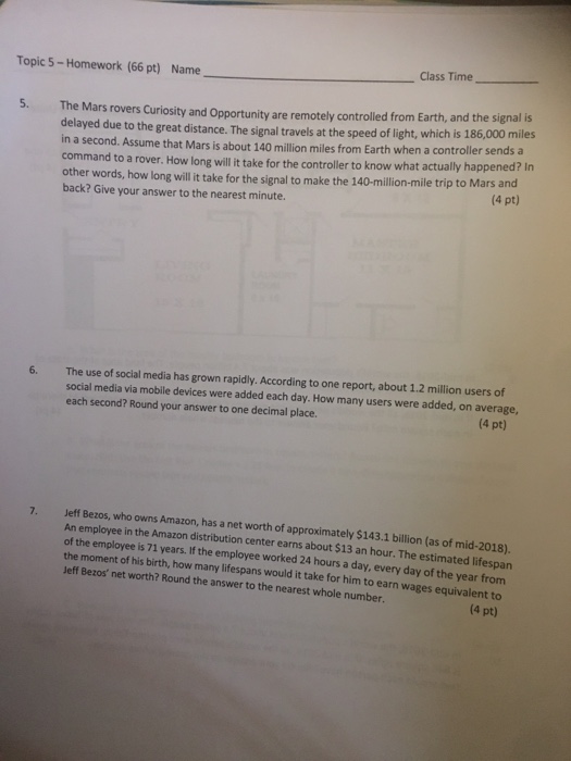 Solved Class Time Topic 5-Homework (66 pt) Name 5. The Mars | Chegg.com