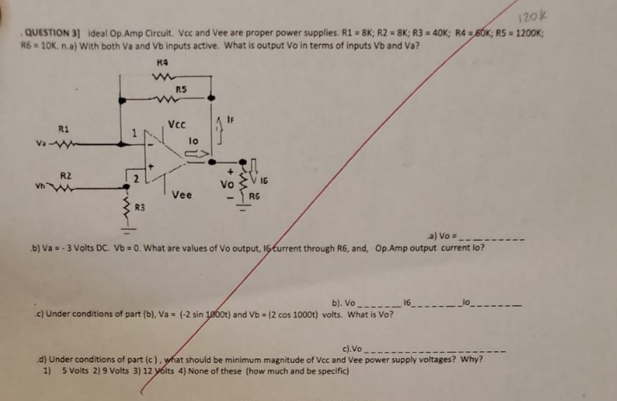 Solved i20k QUESTION 3] ideal Op.Amp Circuit. Vcc and Vee | Chegg.com