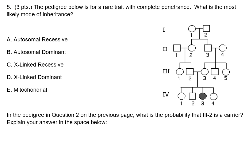 Solved 5. (3 pts. ) The pedigree below is for a rare trait | Chegg.com