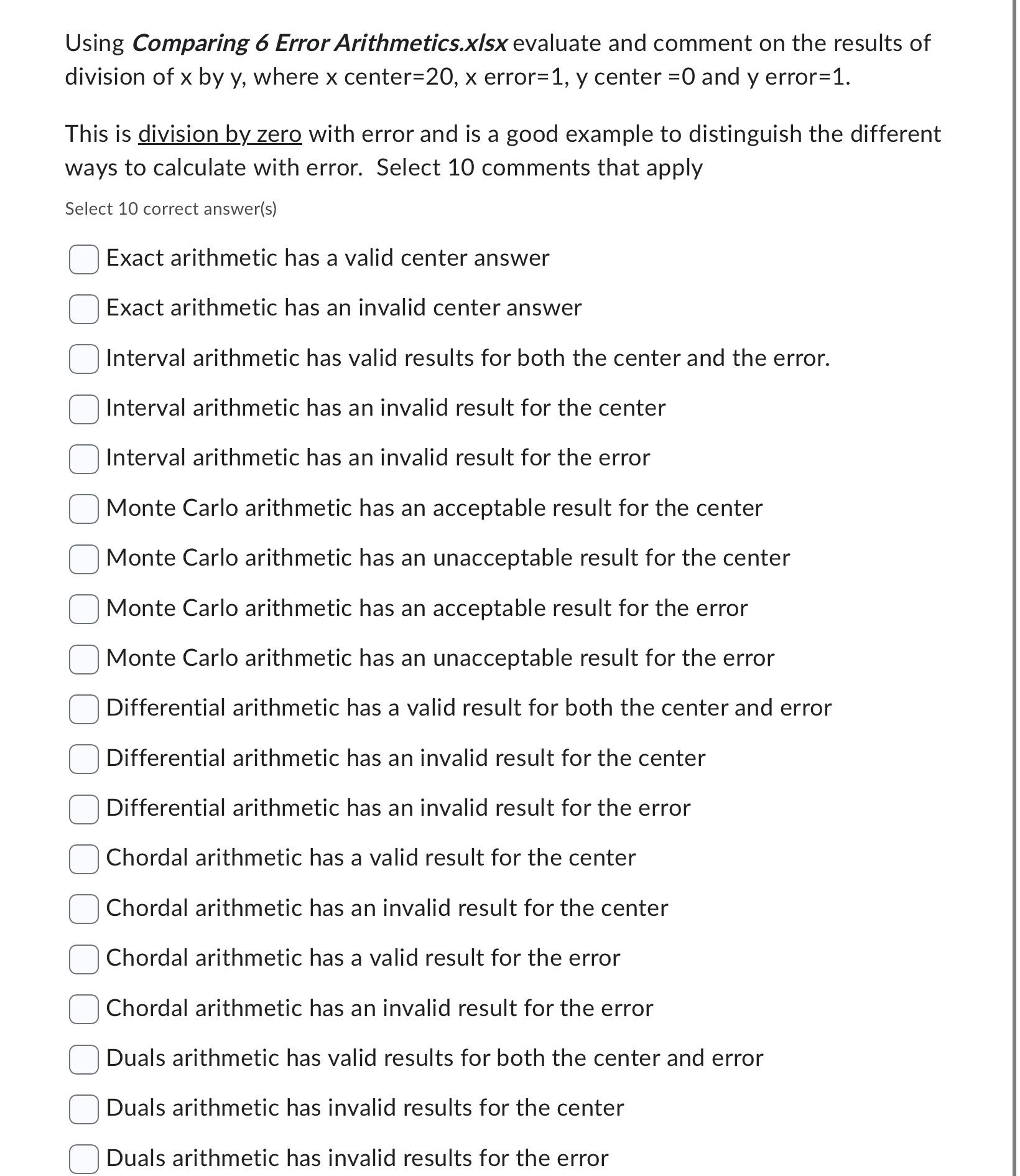 Using Comparing 6 ﻿Error Arithmetics.xlsx evaluate | Chegg.com