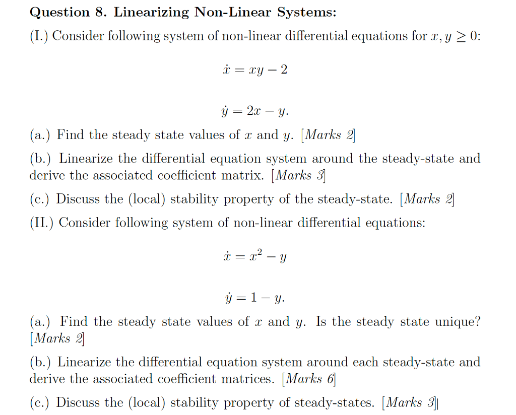 Question 8. Linearizing Non-Linear Systems: (I.) | Chegg.com