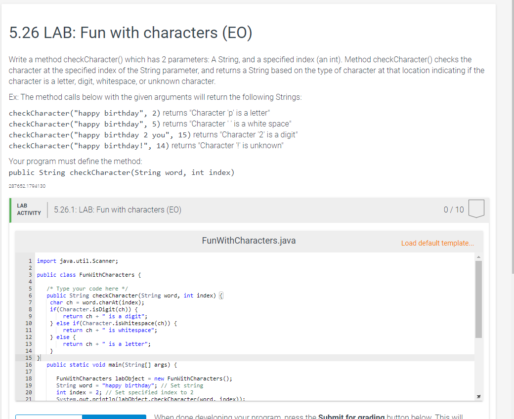 Solved: 5.26 LAB: Fun With Characters (EO) Write A Method ... | Chegg.com