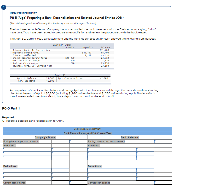 Solved Requlred Information P6-5 (Algo) Preparing a Bank | Chegg.com