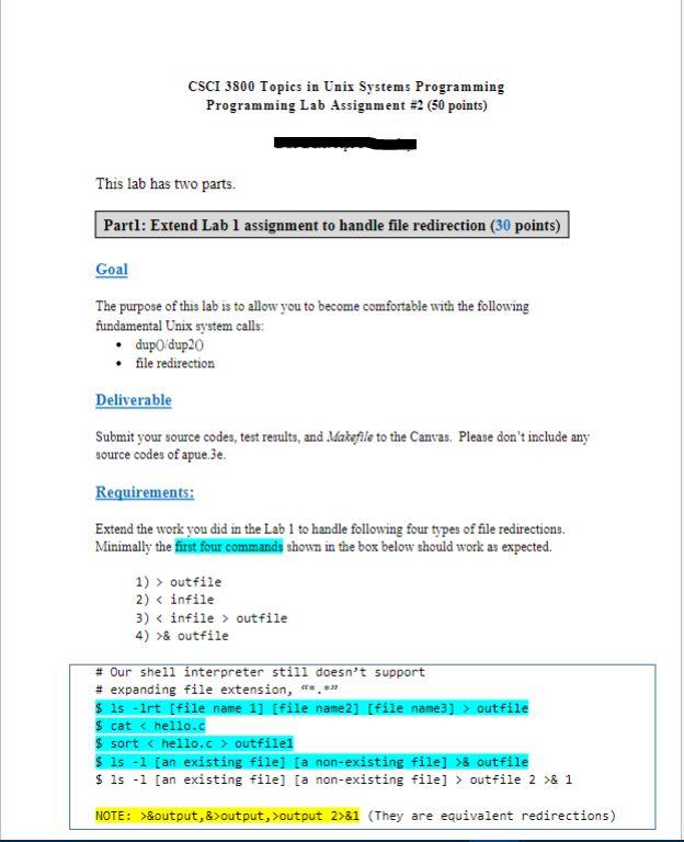 CSCI 3800 Topics in Unix Systems Programming | Chegg.com