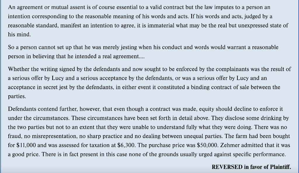 Solved Lucy V Zehmer Supreme Court Of Appeals Of Virginia 