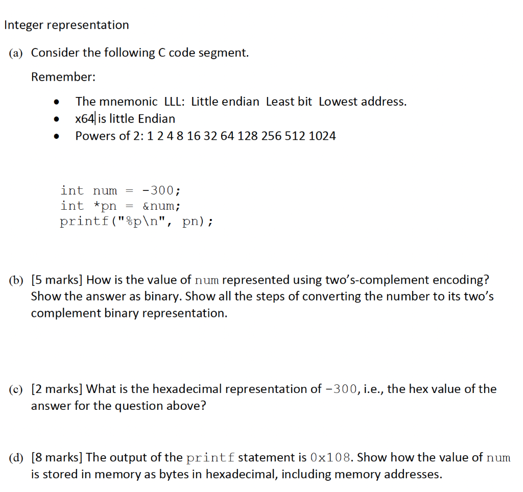 Solved Integer representation (a) Consider the following C | Chegg.com