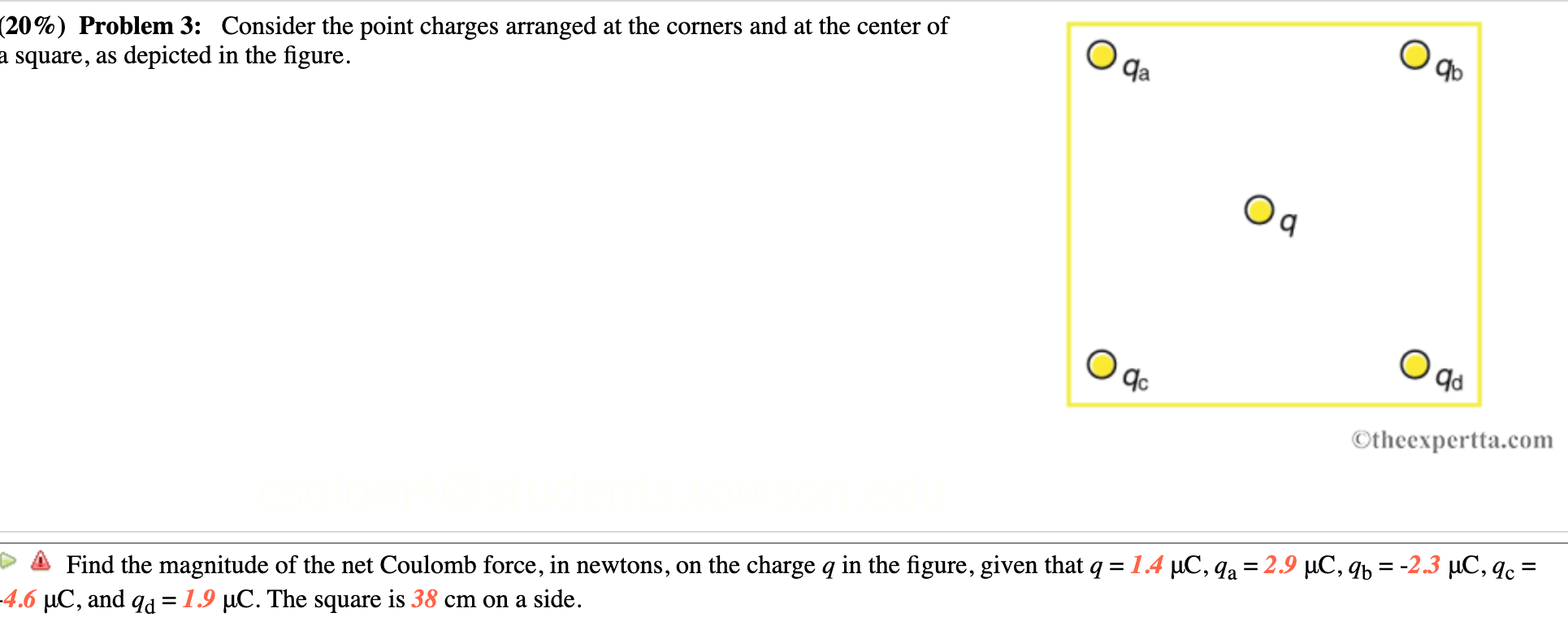 Solved (20%) Problem 3: Consider the point charges arranged | Chegg.com