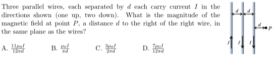 Solved Three parallel wires, each separated by d each carry | Chegg.com