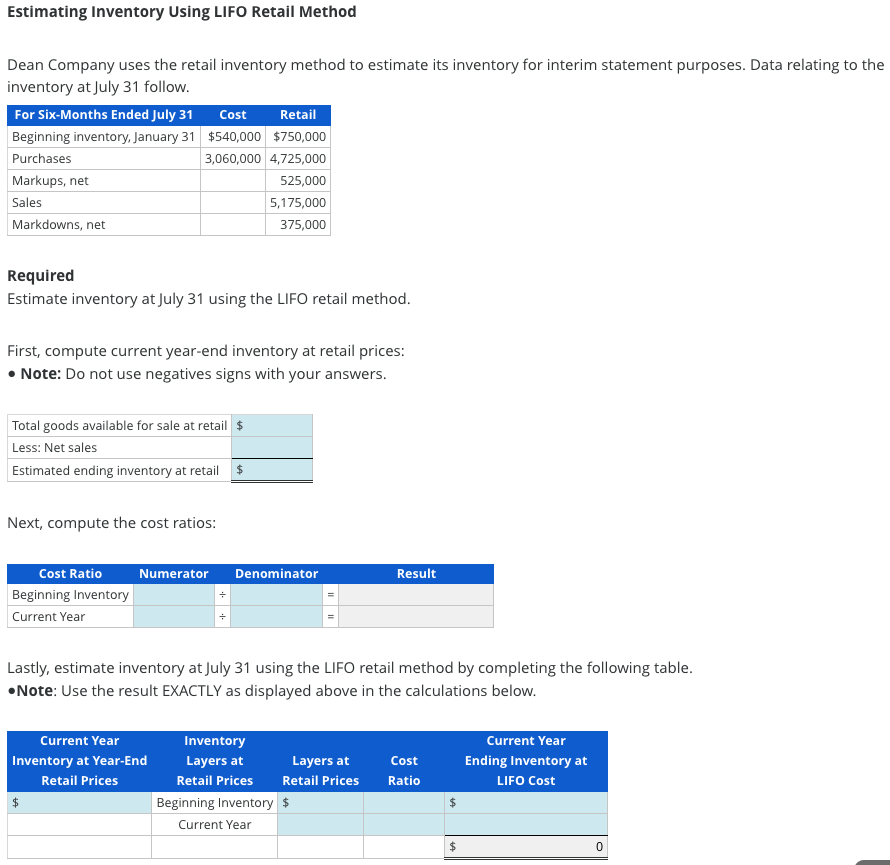 Solved Estimating Inventory Using LIFO Retail Method Dean | Chegg.com