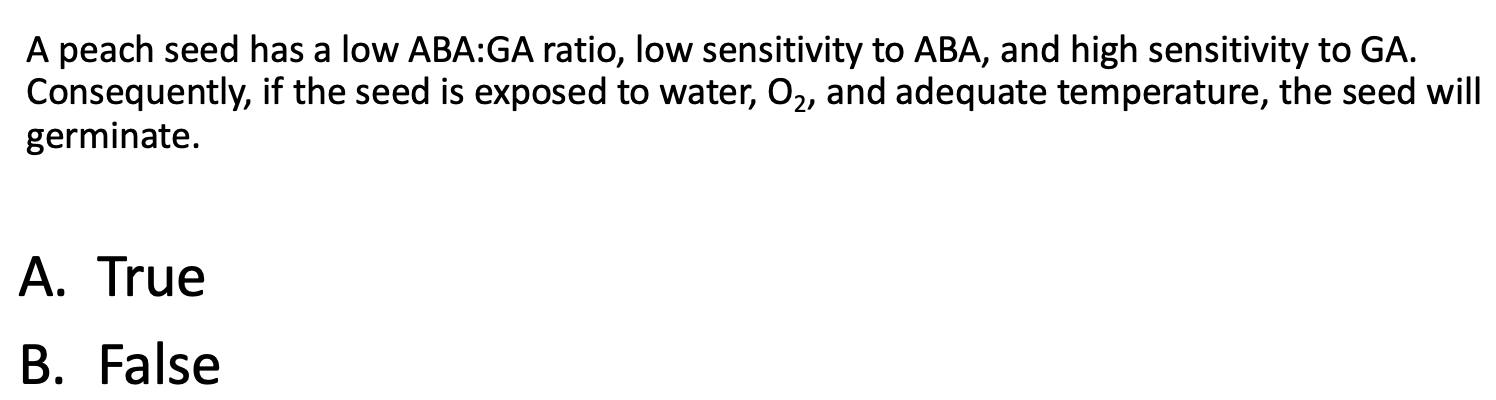 Solved A peach seed has a low ABA:GA ratio, low sensitivity | Chegg.com