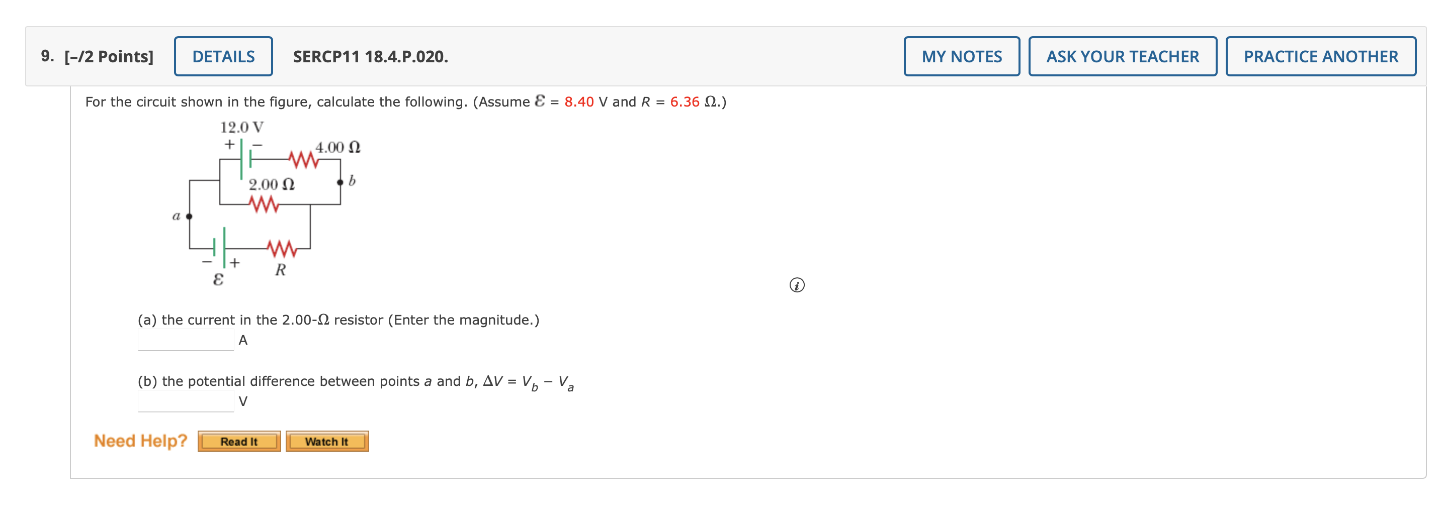 Solved [-/2 Points] SERCP11 18.4.P.020. For the circuit | Chegg.com