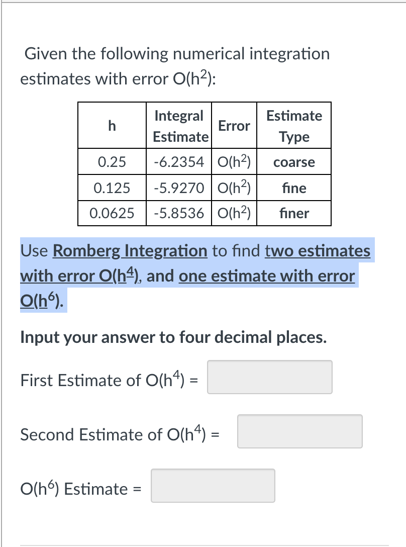 Solved Given the following numerical integration estimates | Chegg.com