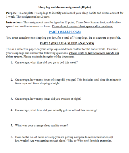 Sleep log and dream assignment (40 pts.) Purpose: To | Chegg.com