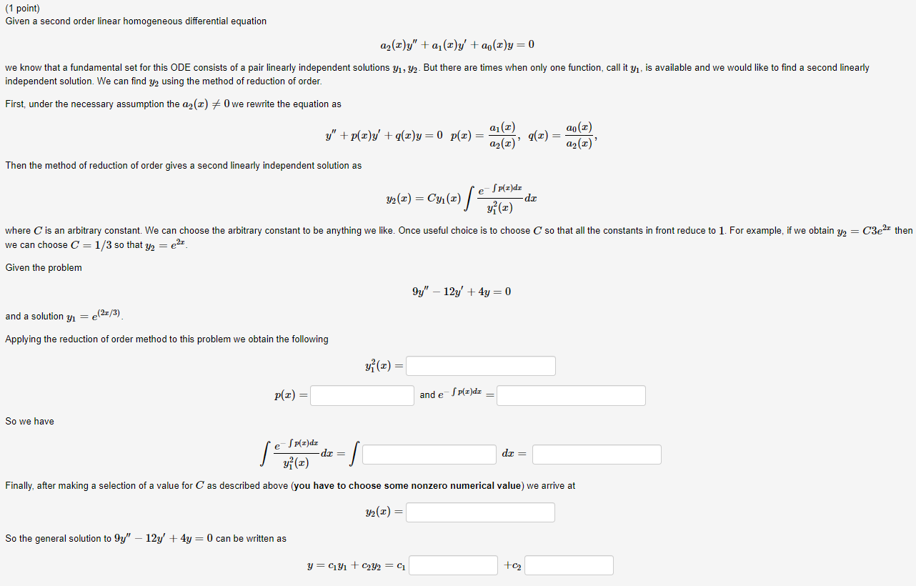 Solved 1 Point Given A Second Order Linear Homogeneous 4274