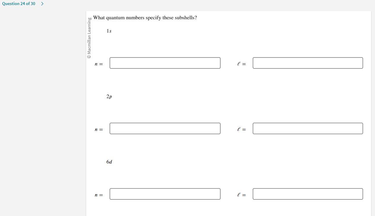 Solved What quantum numbers specify these subshells? 1s n= | Chegg.com