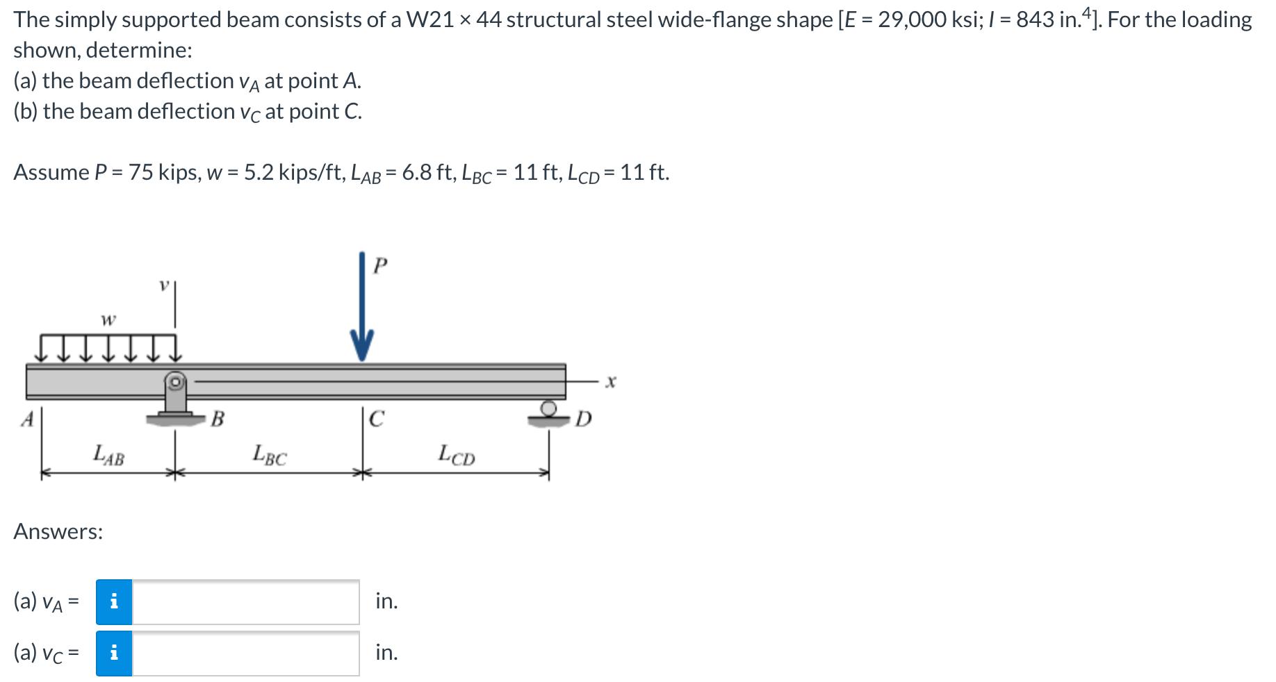 Solved The simply supported beam consists of a W21 x 44 | Chegg.com
