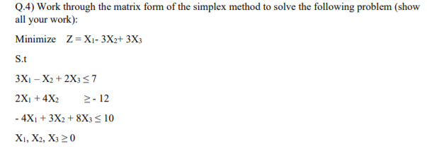 Solved Q.4) Work through the matrix form of the simplex | Chegg.com