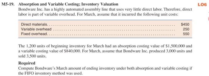 Solved LO6 M5-19. Absorption and Variable Costing; Inventory | Chegg.com