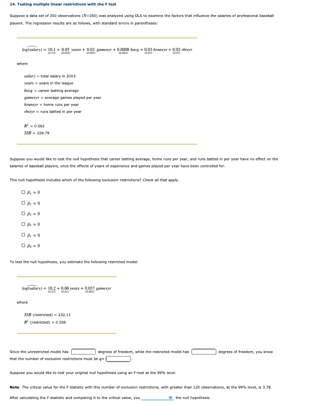 Solved 14 Testing Multiple Linear Restrictions With The F 