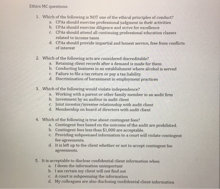 Solved Ethics MC questions: 1. Which of the following is NOT | Chegg.com