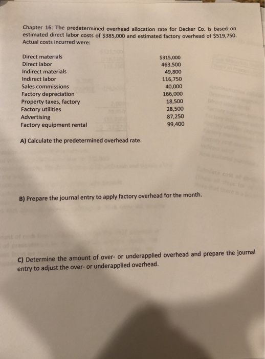 Solved Chapter 16: The predetermined overhead allocation | Chegg.com