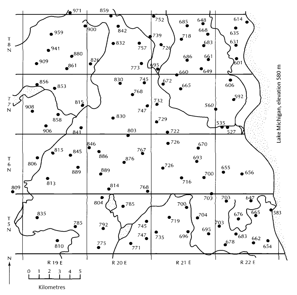 Solved The following map shows the water elevation in wells | Chegg.com