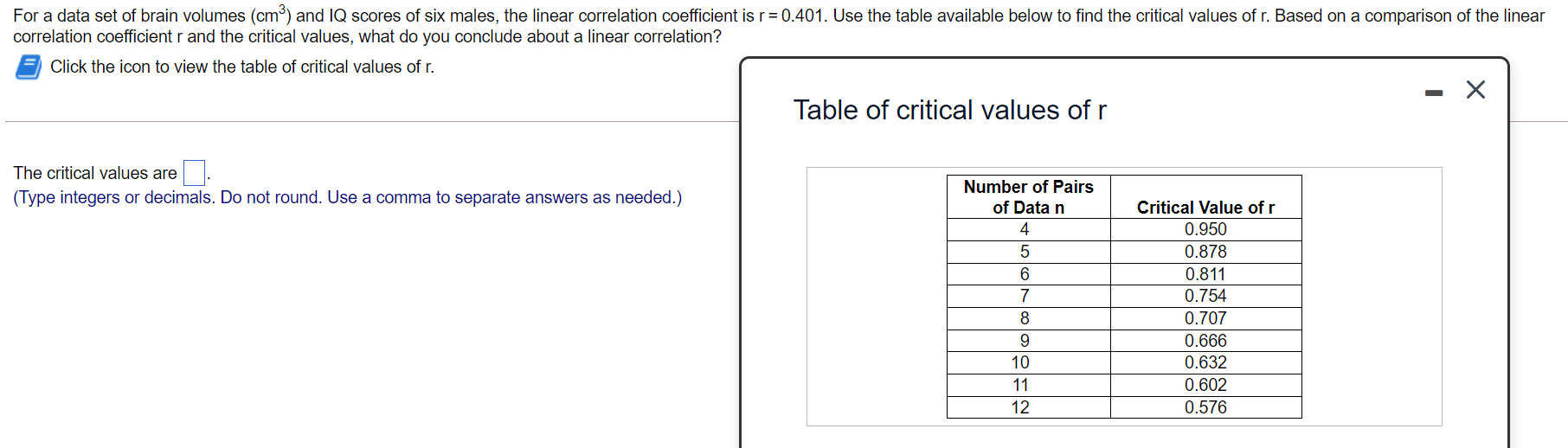Solved For a data set of brain volumes (cm3) and IQ scores | Chegg.com