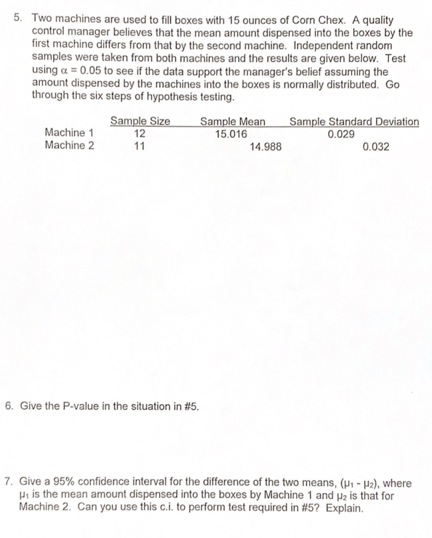 Solved 5. Two machines are used to fill boxes with 15 ounces | Chegg.com