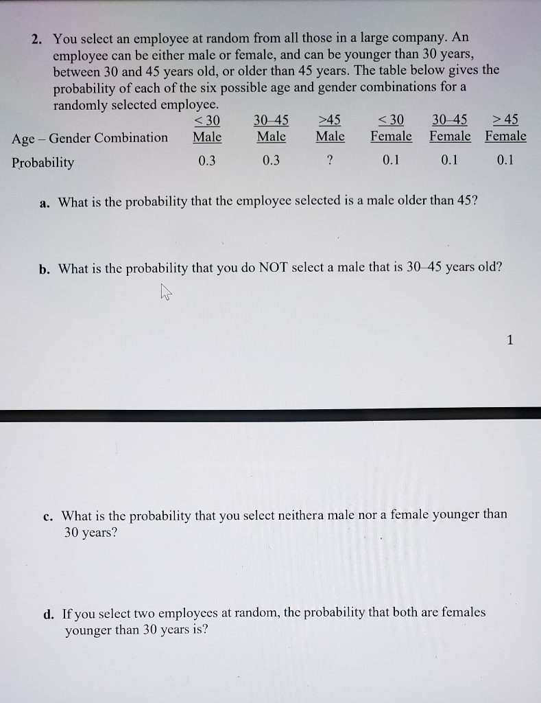 Solved 2. You select an employee at random from all those in | Chegg.com