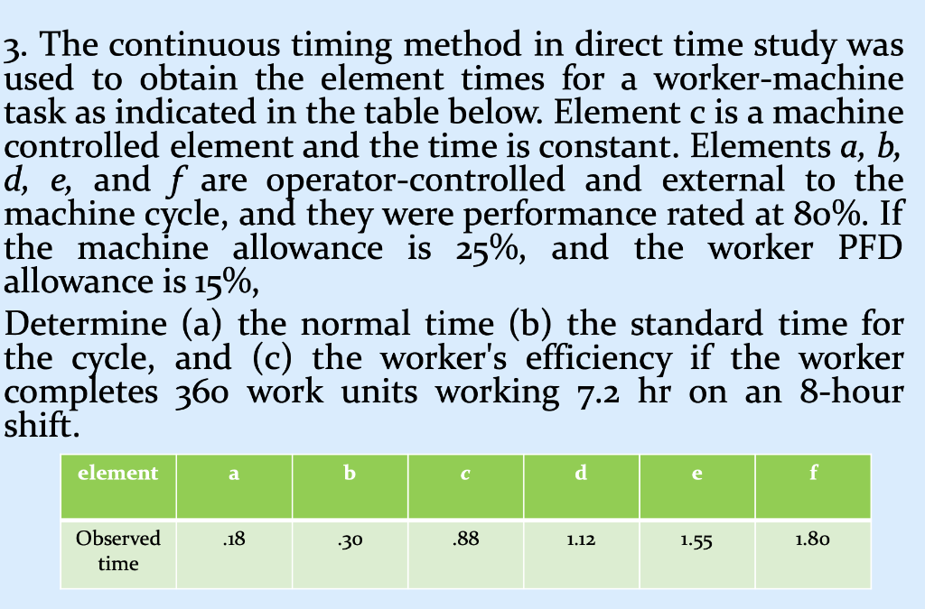 Solved 3. The continuous timing method in direct time study | Chegg.com